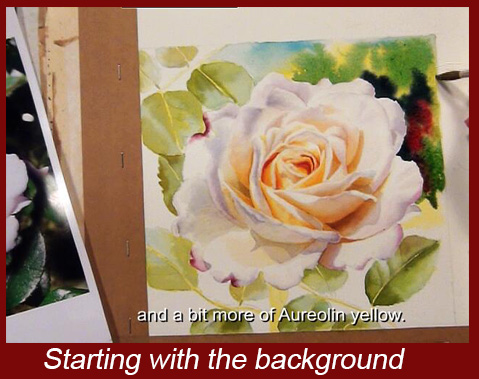 Painting Video for a white rose with leaves and background